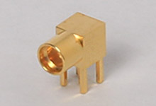 MMCX Jack, Right-Angle, PCB Receptacle, Through Hole, Brass Body, Gold (Au) Plated, One Piece Per Bag, 50 Ohms