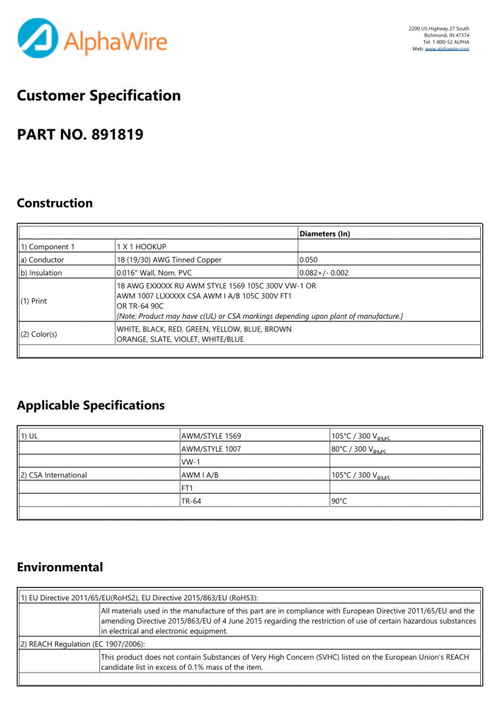 Alpha Wire 891819 specification page 1