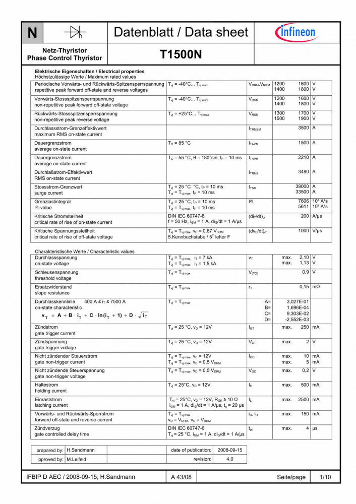 Infineon T1500N datasheet page 1