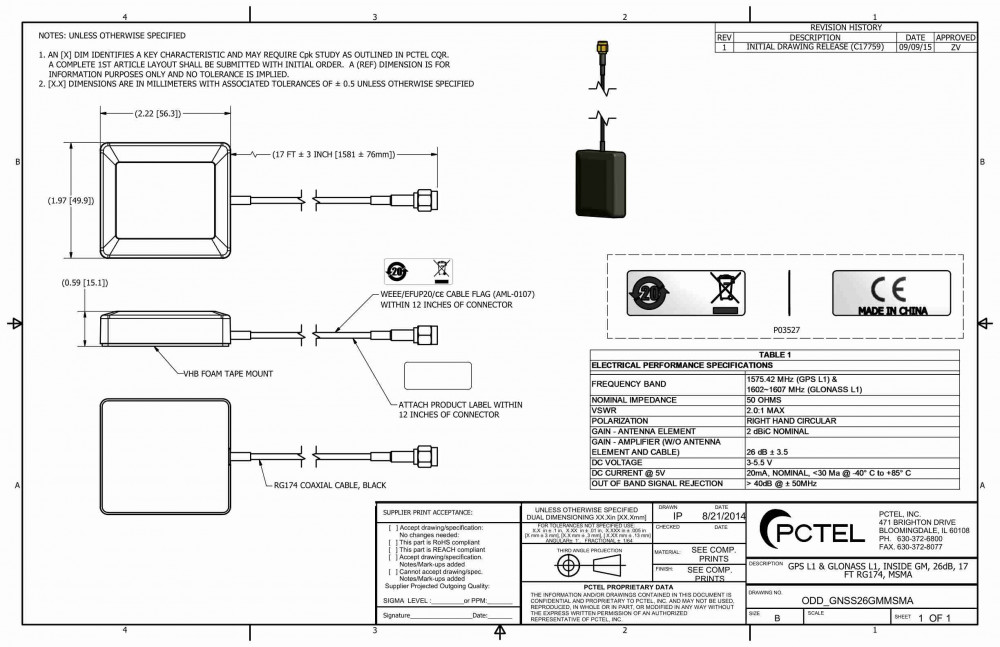 GNSS26GMMSMA technical drawing and electrical specification