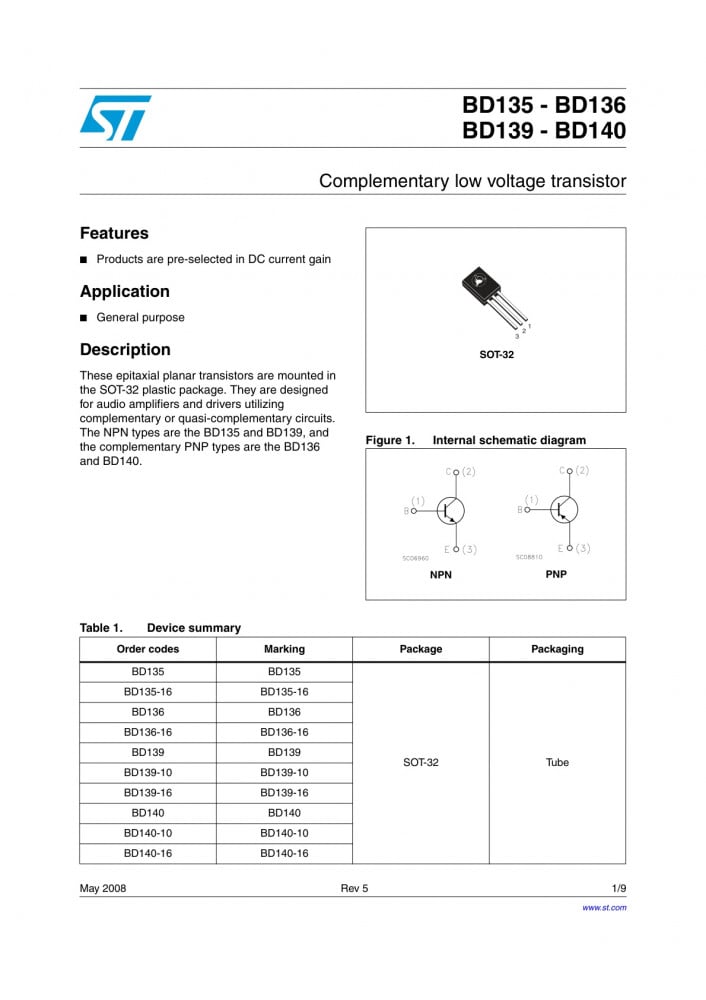 ST BD139-16 datasheet page 1