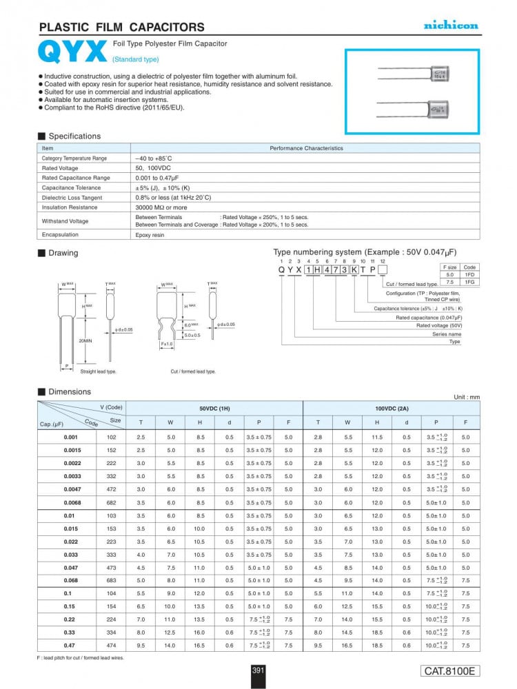 Nichicon QYX2A series datasheet page