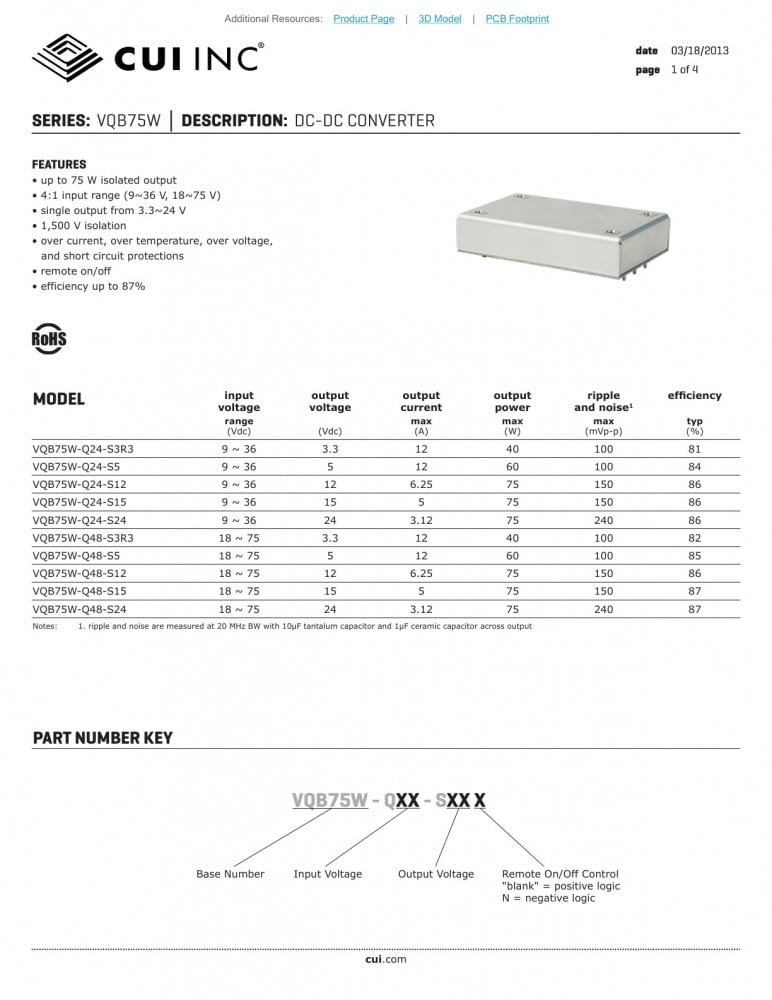 CUI VQB75W series datasheet page 1