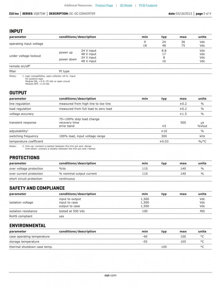 CUI VQB75W series datasheet page 2