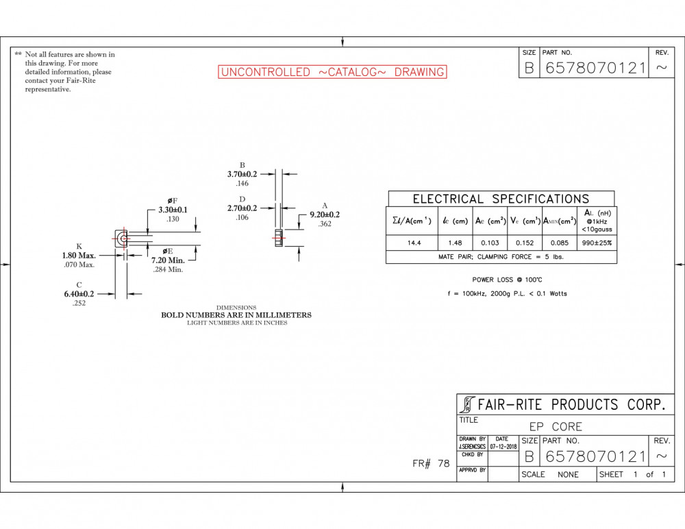 Fair-Rite 6578070121 EP Core drawing preview