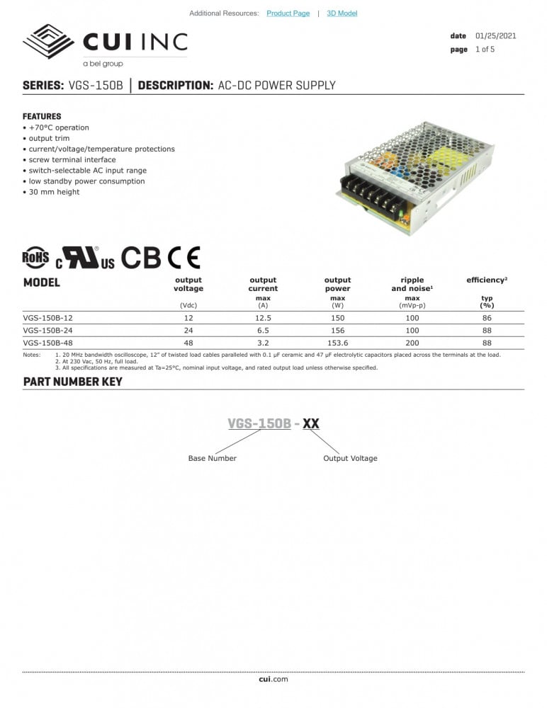 CUI VGS-150B series datasheet page 1
