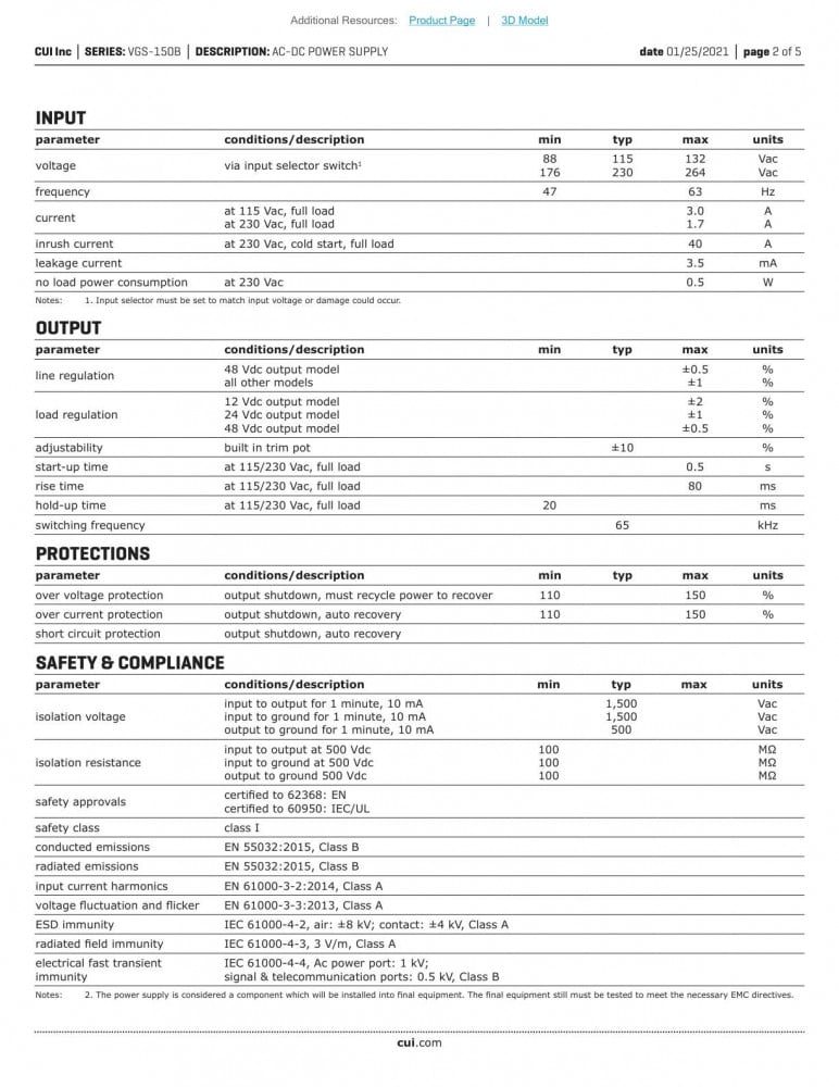CUI VGS-150B series datasheet page 2