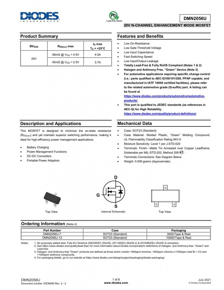 DMN2056U-7 datasheet page 1