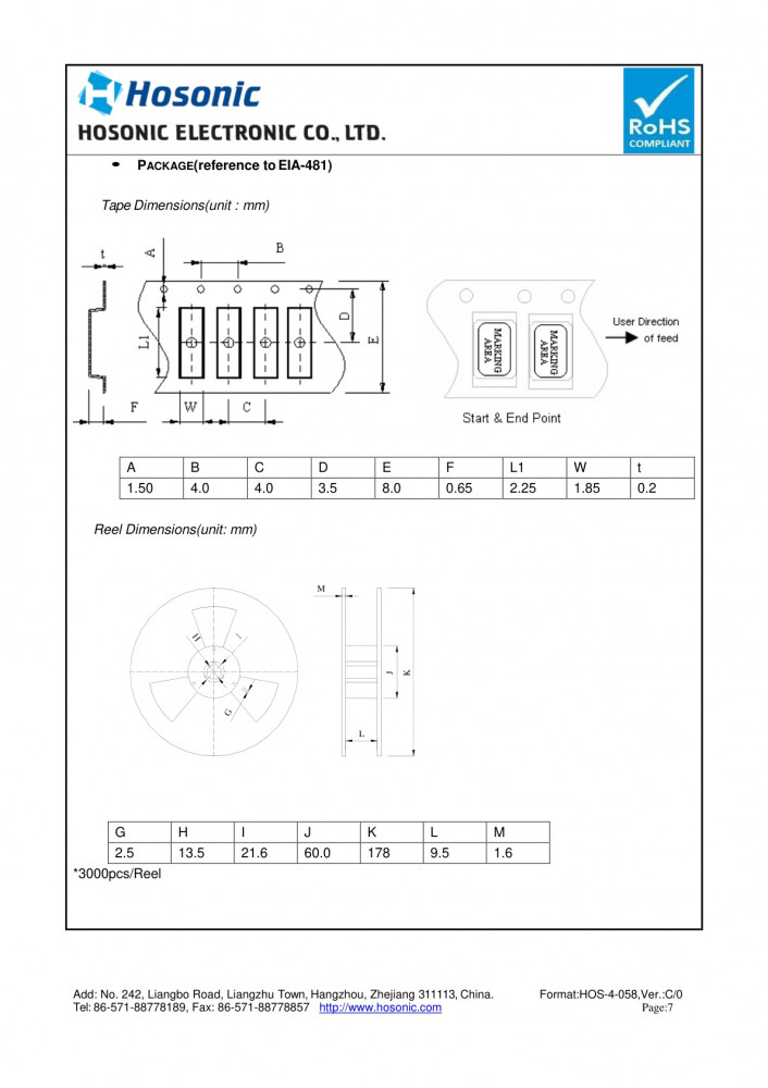 HOSONIC E1SB16E000002E reel dimensions page