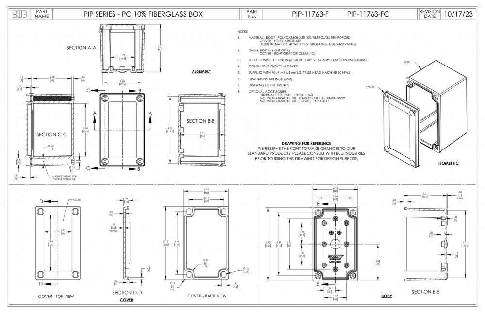 PIP-11763-F Bud Industries enclosure technical drawing