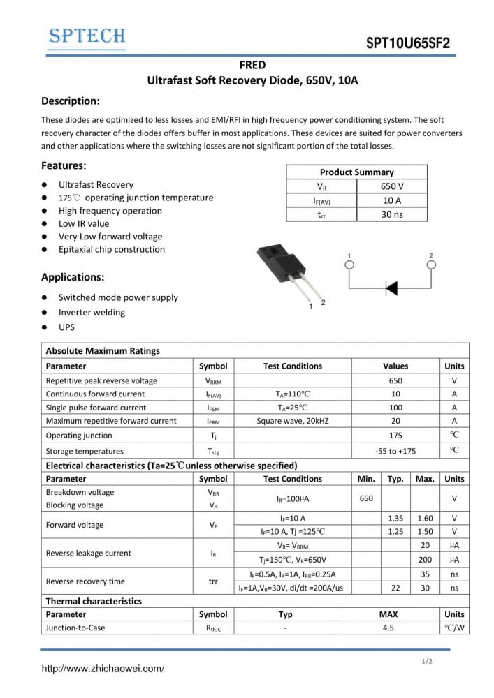 SPT10U65SF2 technical document page 1