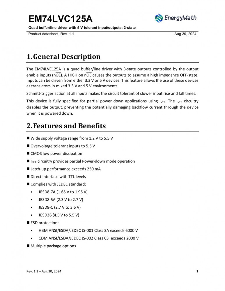 EM74LVC125AD datasheet page 1