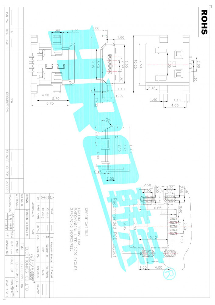 U-C-M5DD-W-3 USB connector technical drawing