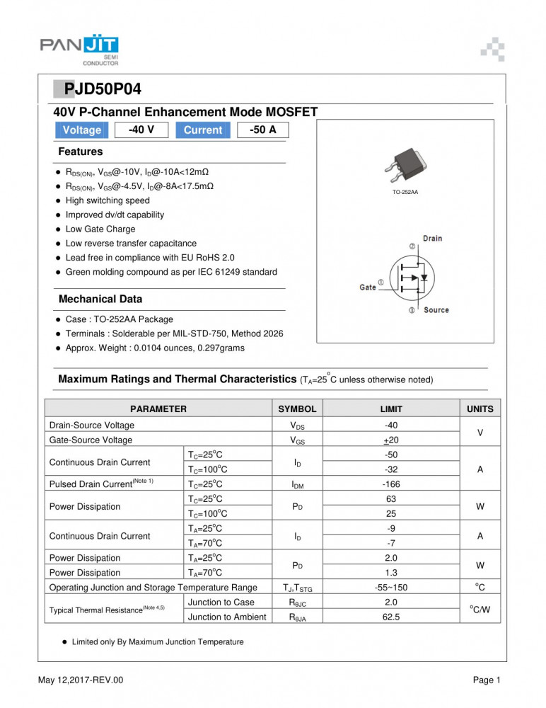 PANJIT PJD50P04 datasheet page 1
