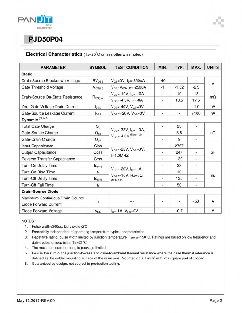 PANJIT PJD50P04 datasheet page 2