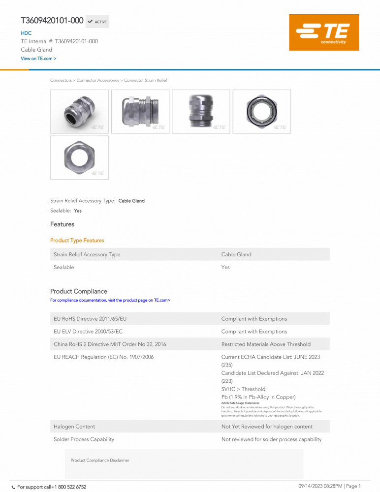 TE Connectivity product document page 1