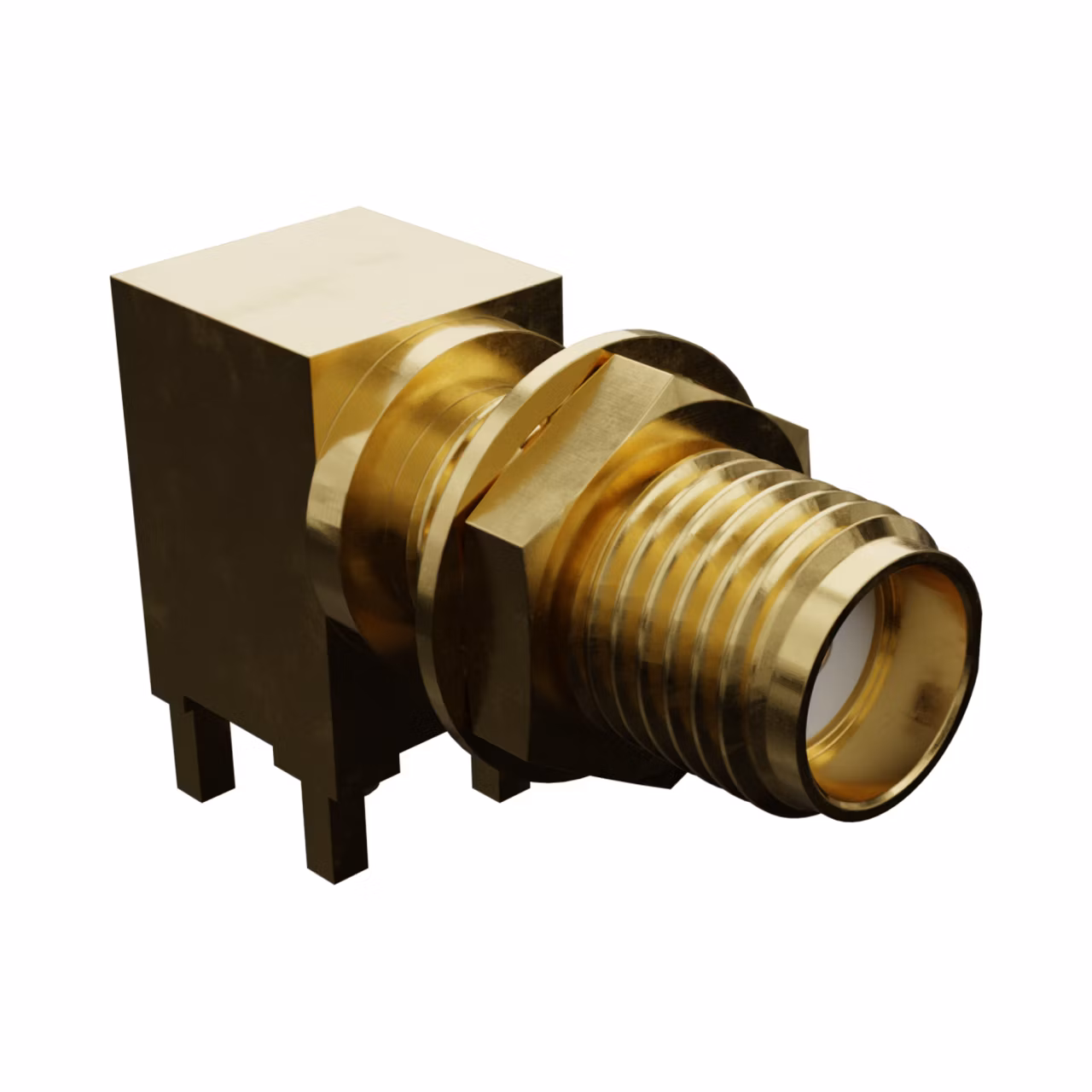 SMA Jack, Right-Angle, Bulkhead Receptacle, PCB, Through Hole, Brass Body, Gold (Au) Plated, Jam Nut and Lockwasher Included, 2.79mm Leg Length, One Piece Per Bag, 50 Ohms for sale