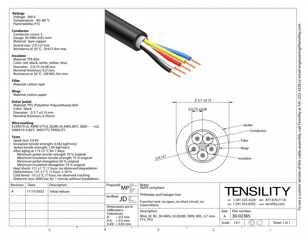 Tensility 30-02365 cable product drawing