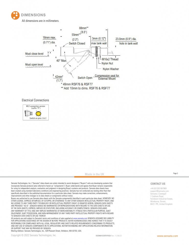 RSF70 series dimensions and electrical connections