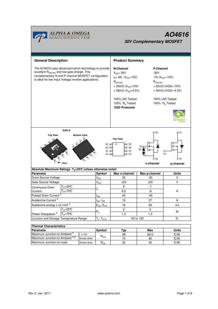 AO4616 datasheet page 1