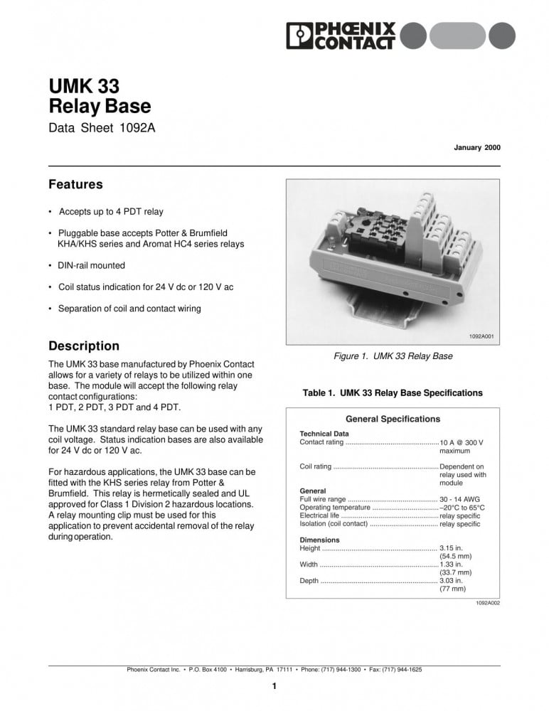 UMK 33 relay base datasheet page 1
