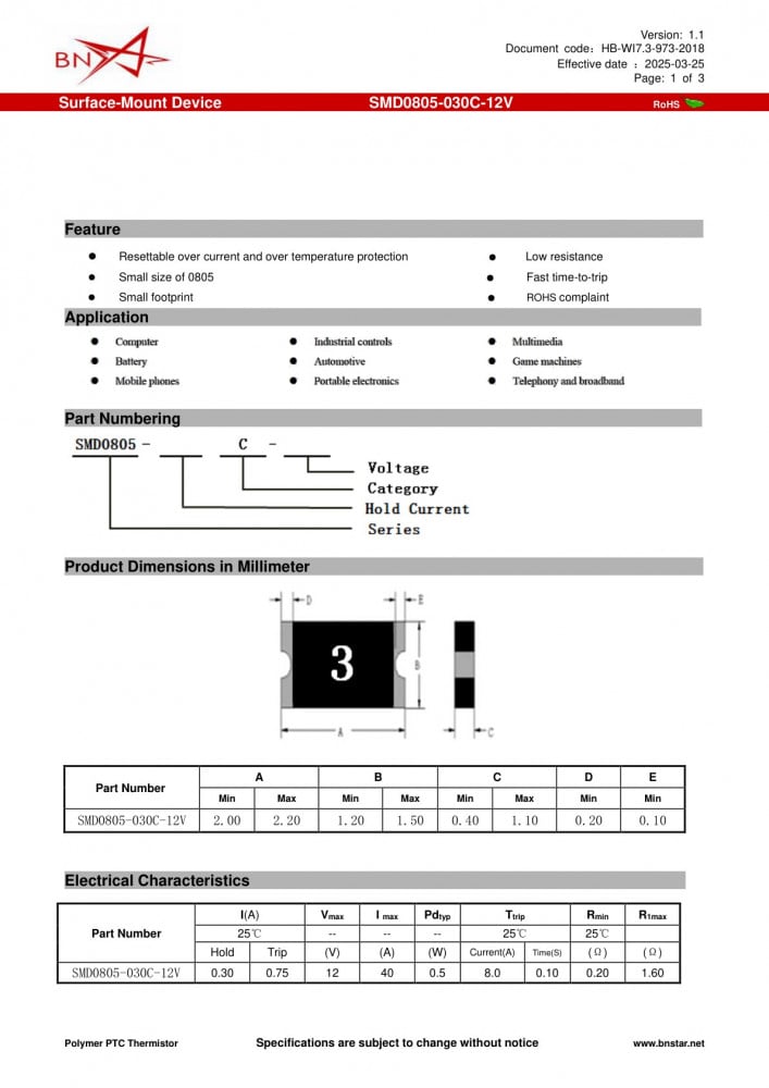 BNstar SMD0805-030C-12V datasheet page 1