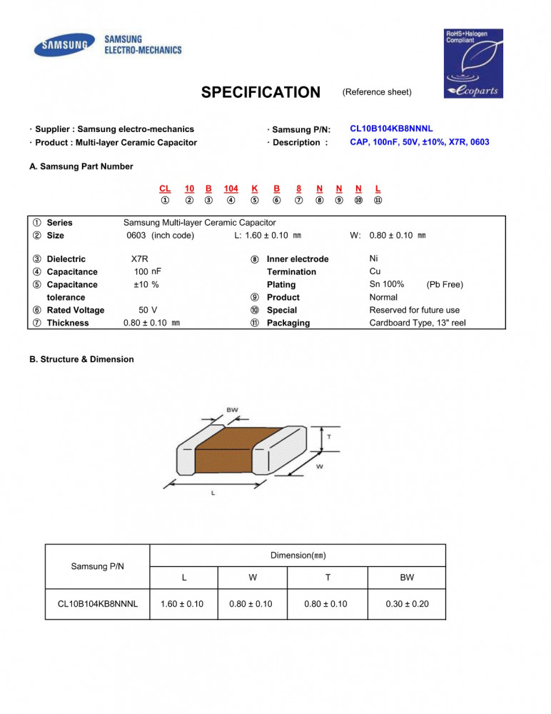 CL10B104KB8NNNL reference specification page 1