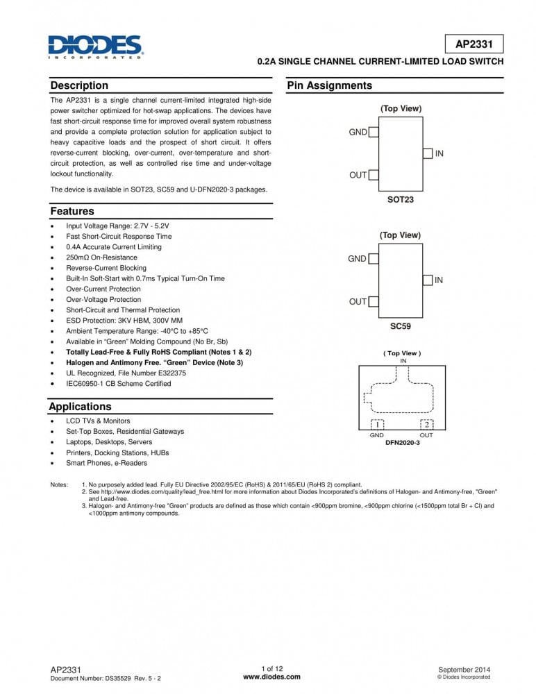 AP2331 datasheet page 1