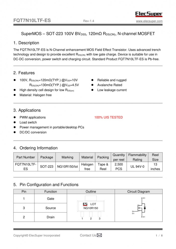 FQT7N10LTF-ES datasheet page 1