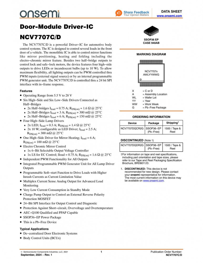 NCV7707 technical document page 1