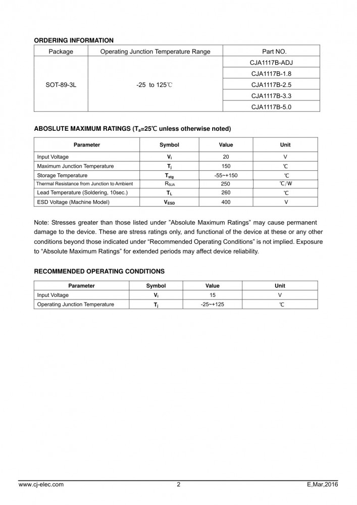 CJA1117B-3.3 datasheet page 2
