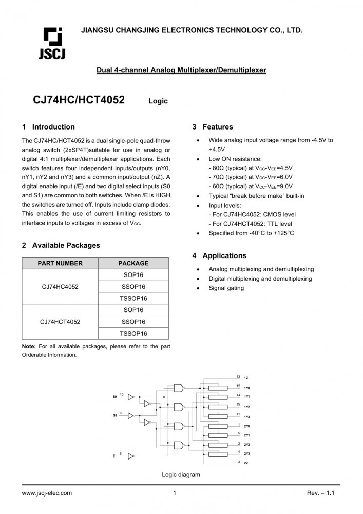 CJ74HC4052BEN datasheet page 1