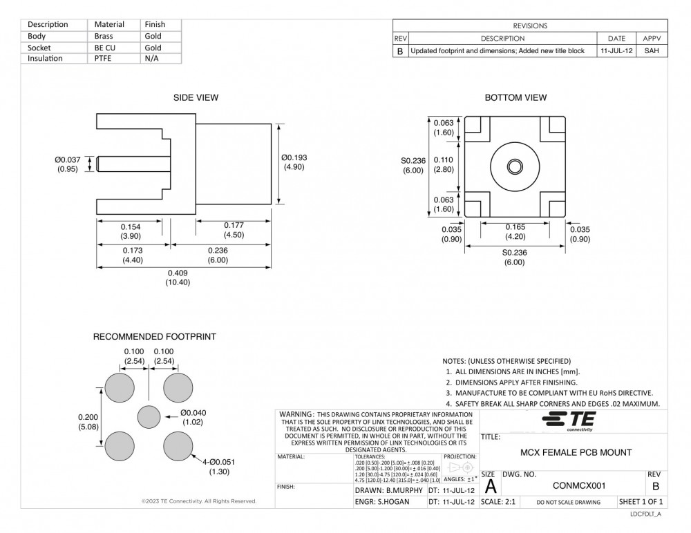 TE Connectivity CONMCX001 technical drawing