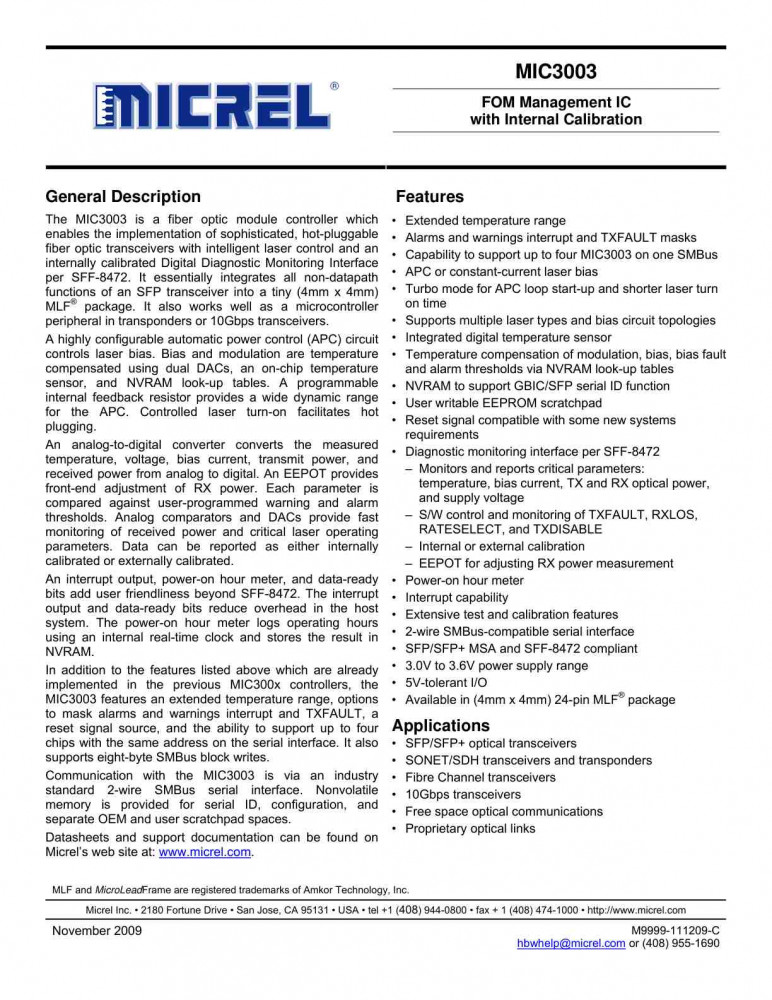MIC3003GML datasheet page 1