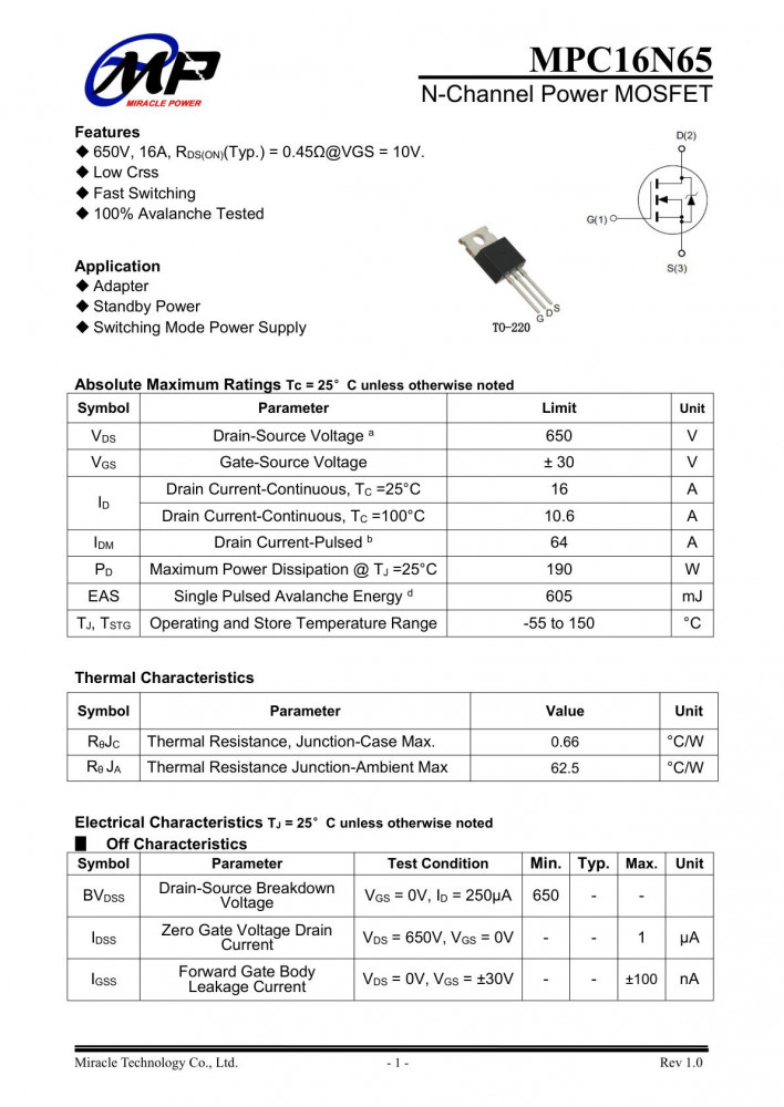 MPC16N65 datasheet page 1