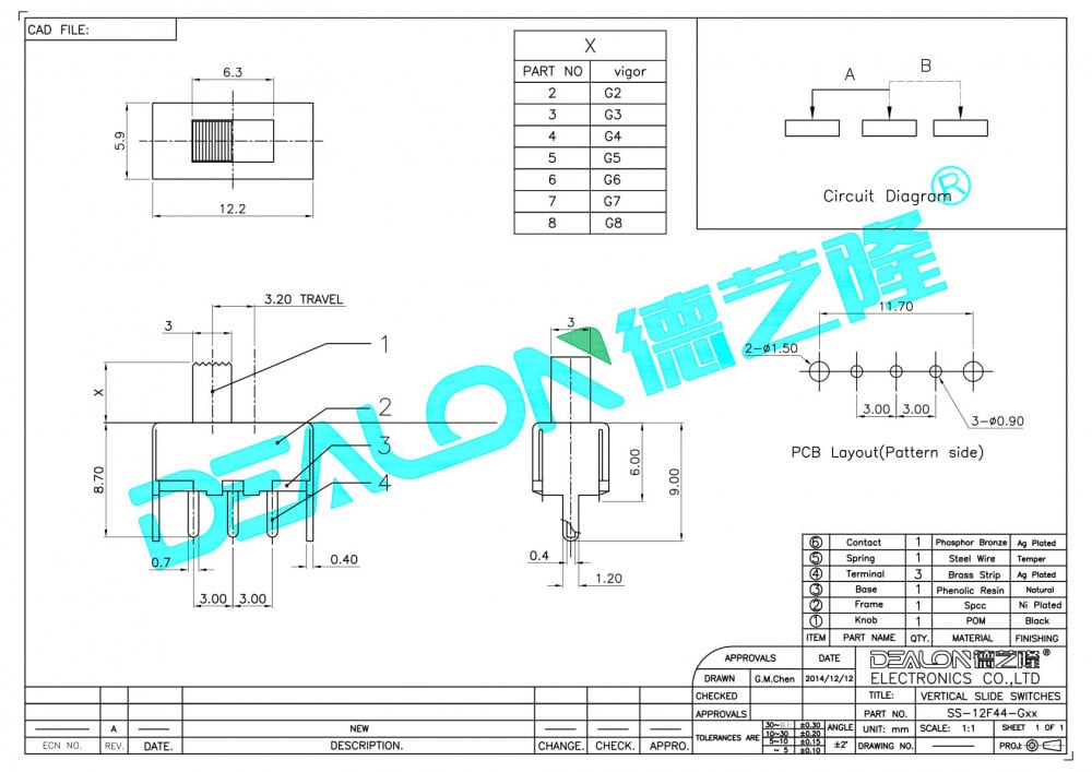 DEALON SS-12F44-G3 vertical slide switch technical drawing