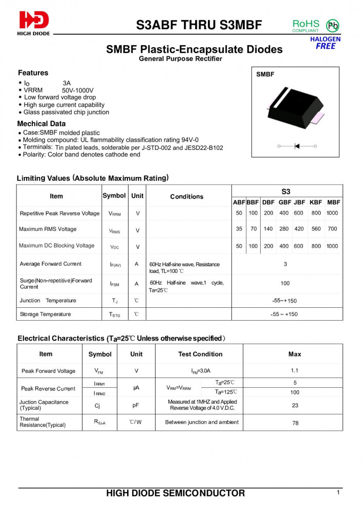 High Diode S3MBF datasheet page 1