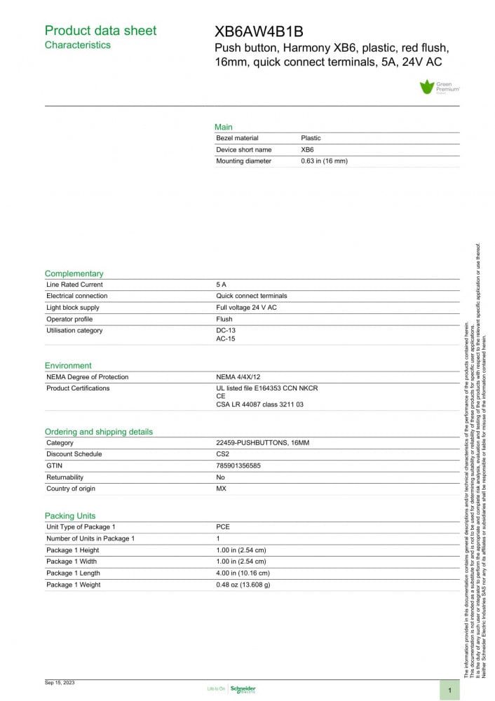 XB6AW4B1B technical document page 1