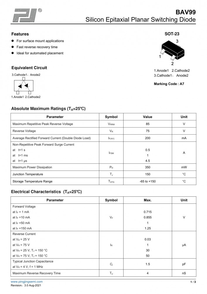 BAV99 technical document page 1