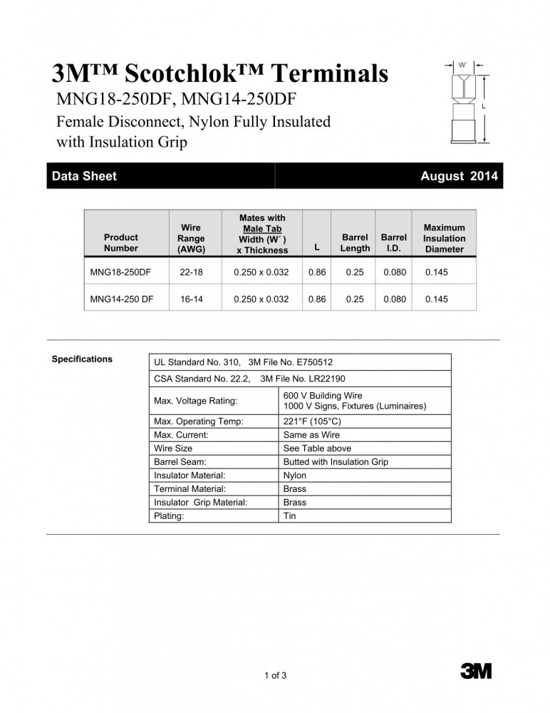 3M Scotchlok MNG14-250DFK technical drawing page 1