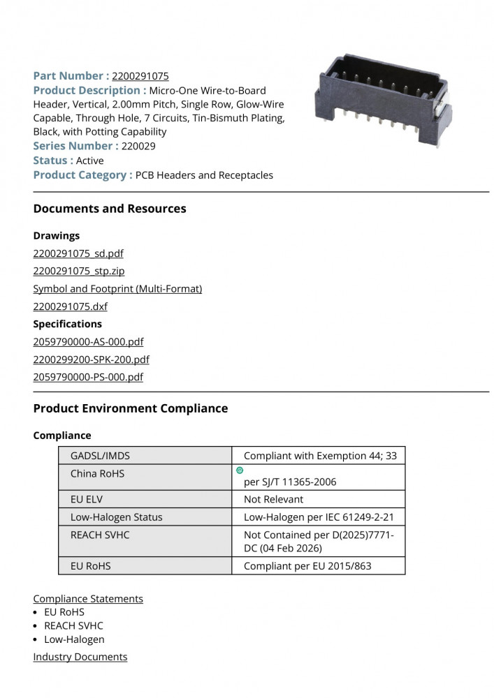MOLEX 2200291075 technical document page 1