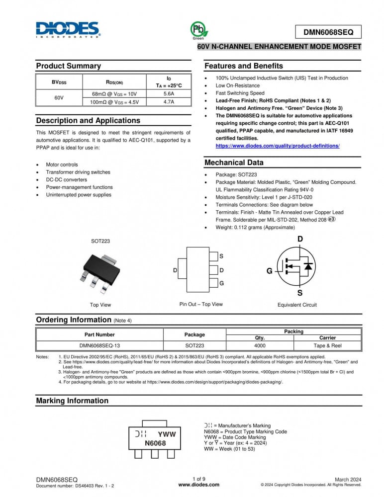 DMN6068SE-13 datasheet page 1