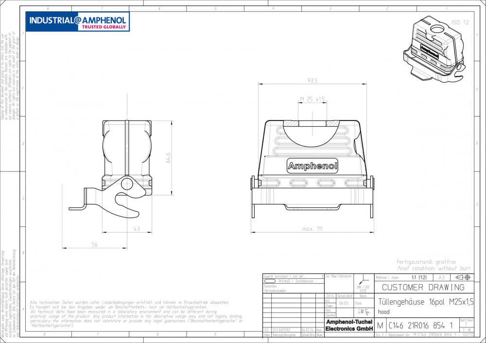 Amphenol C146 21R016 854 1 technical drawing page