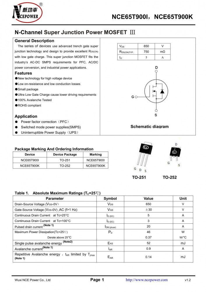 NCE65T900I datasheet page 1