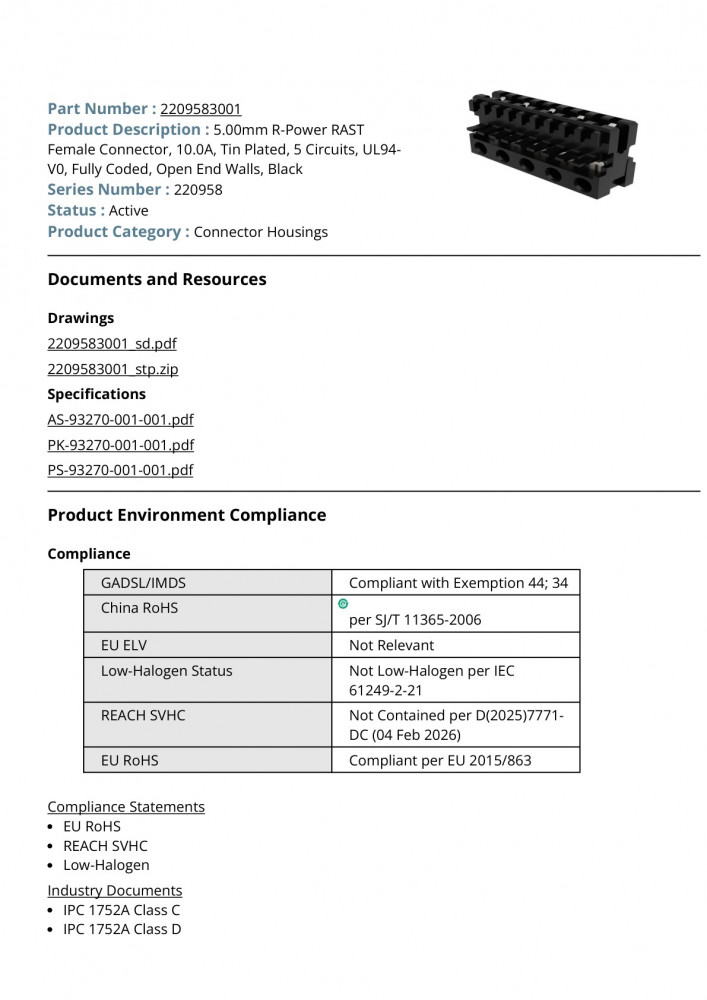 MOLEX 2209583001 technical document preview, page 1
