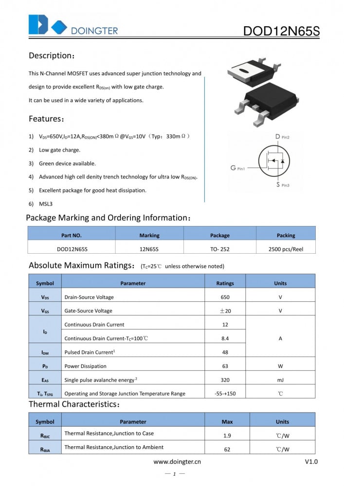 DOD12N65S datasheet page 1