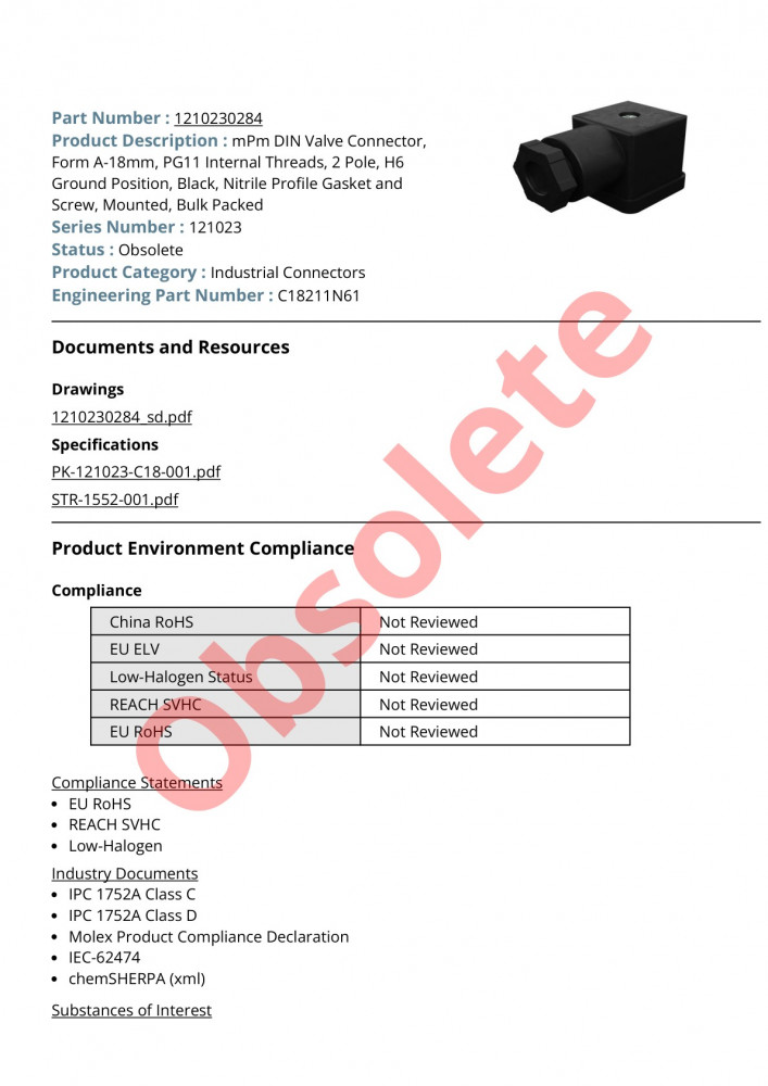 MOLEX C18 DIN valve connector qualification document, page image 1