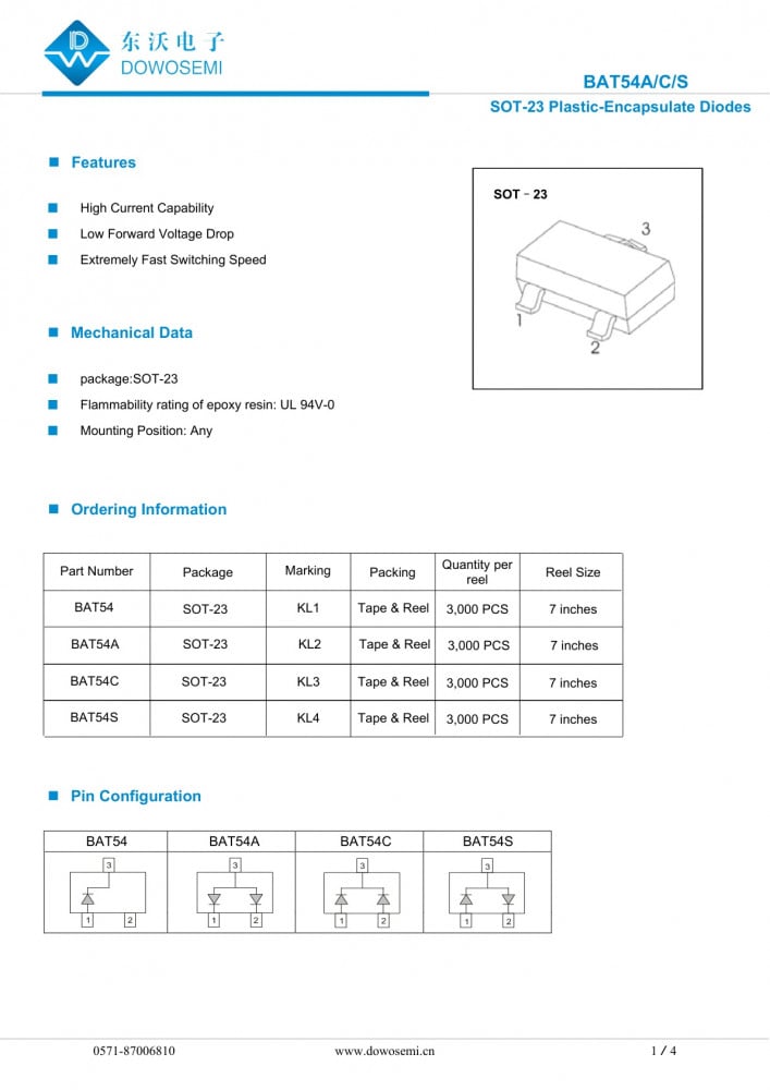 DOWO BAT54S datasheet page 1