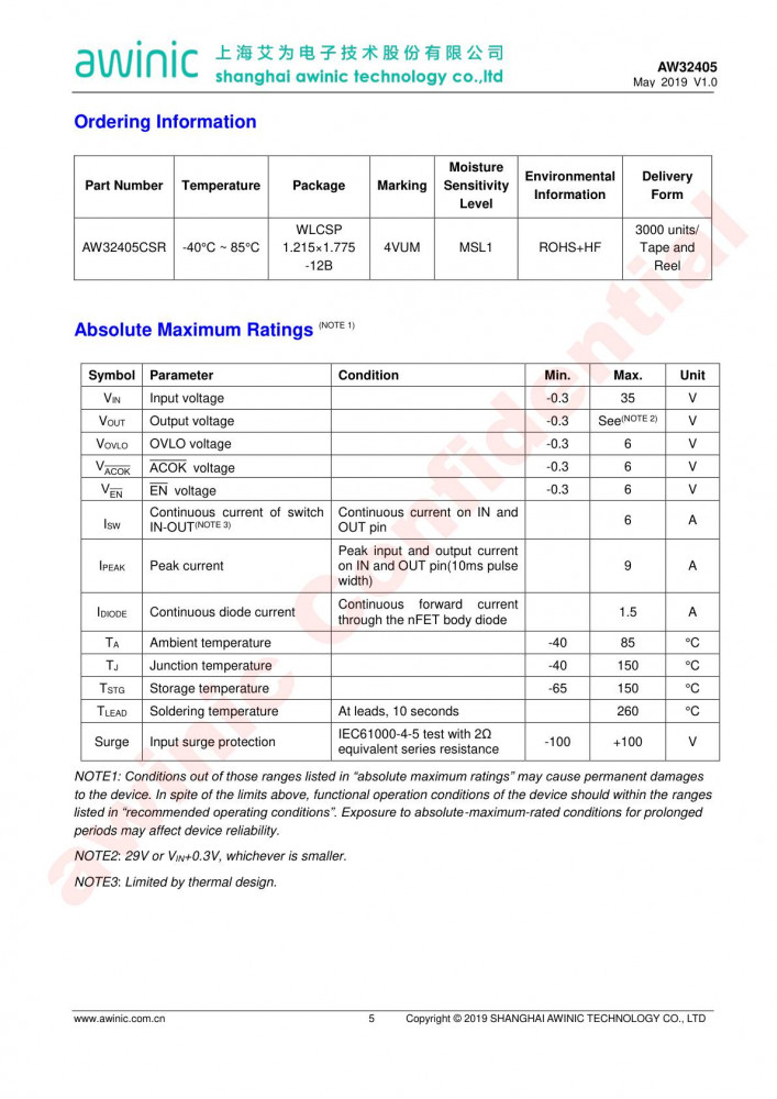 AW32405CSR datasheet page 5