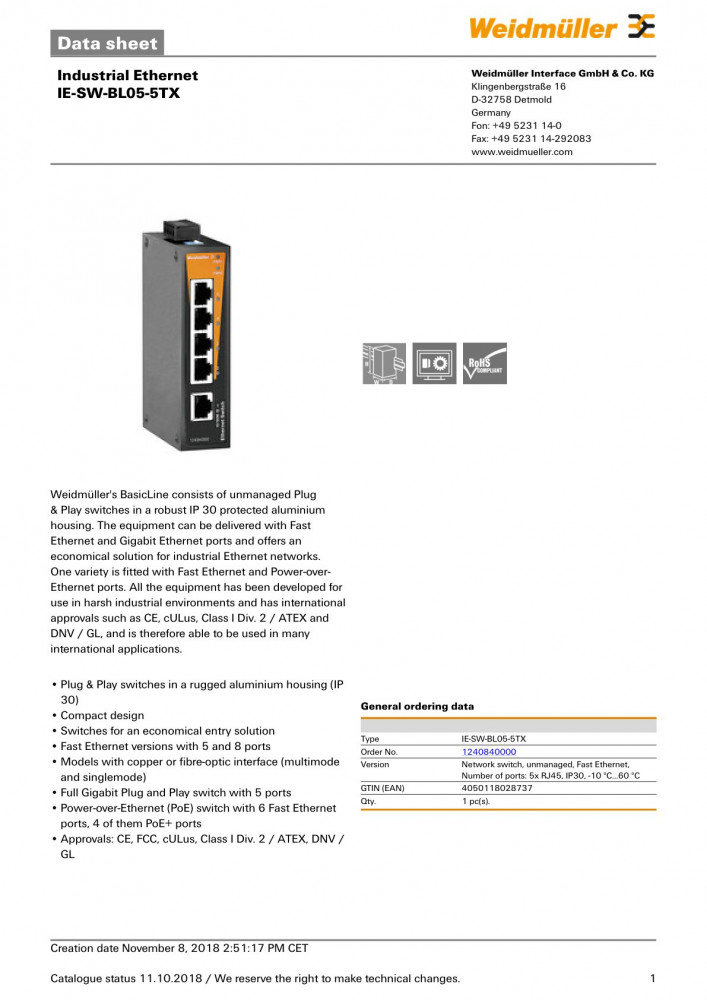 Technical document page 1 for industrial Ethernet switch model 1240840000